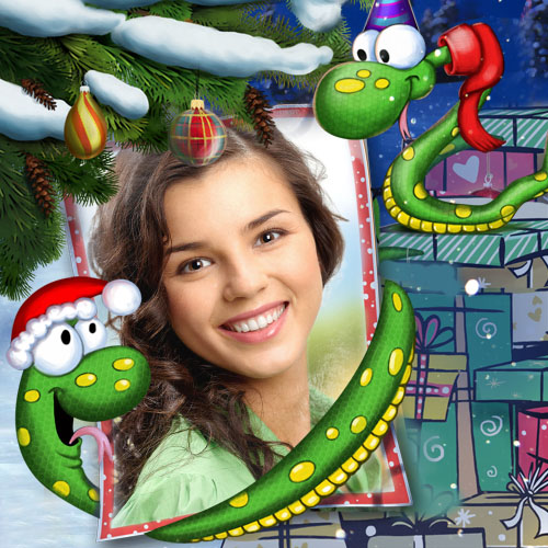 Online New Year frame with playful green snakes