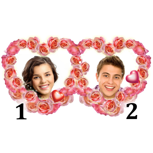 Roses photo frames in the shape of two hearts.