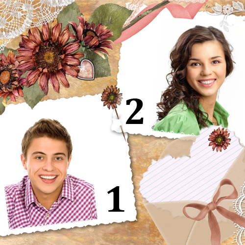 Stylish photo frame for two pics with laces, flowers & heart