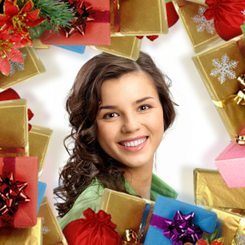 Colorful holiday frame with numerous Christmas presents.