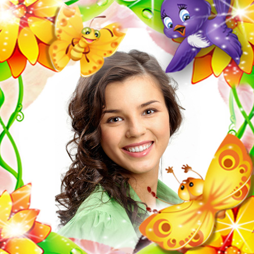 Summer photo frame with birds and flowers.