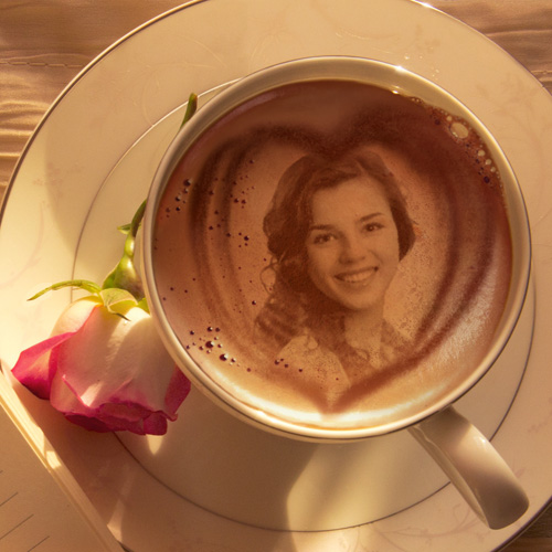 Make a love card with a coffee frame. Put photo on coffee.